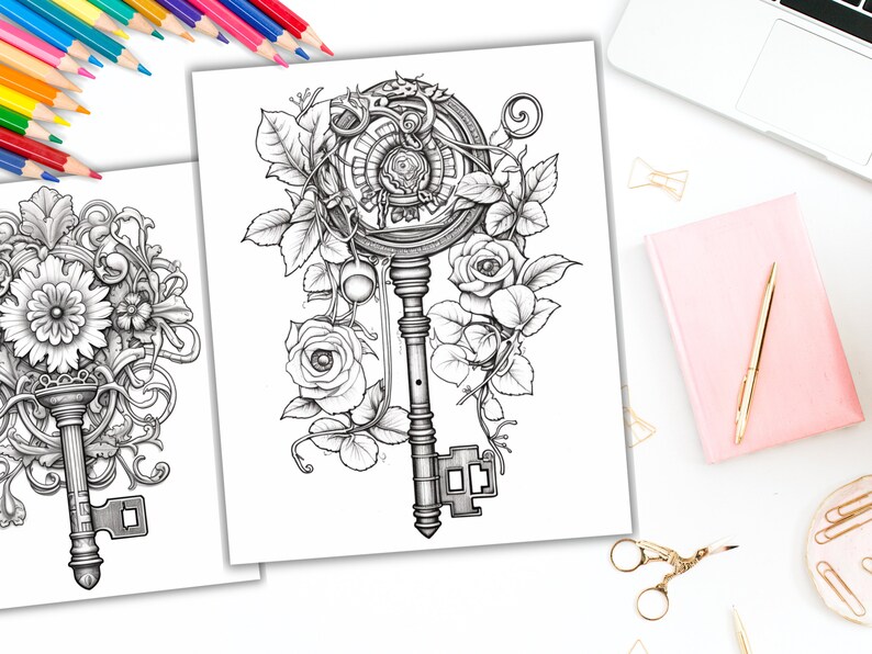 Magical Keys and Floral Coloring Pages Printable, Adult Coloring Book ...