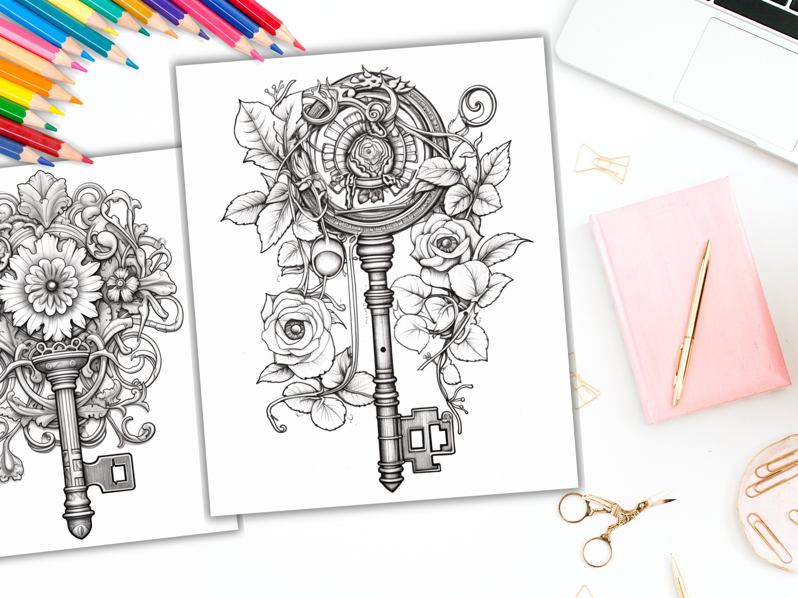 Magical Keys and Floral Coloring Pages Printable, Adult Coloring Book ...
