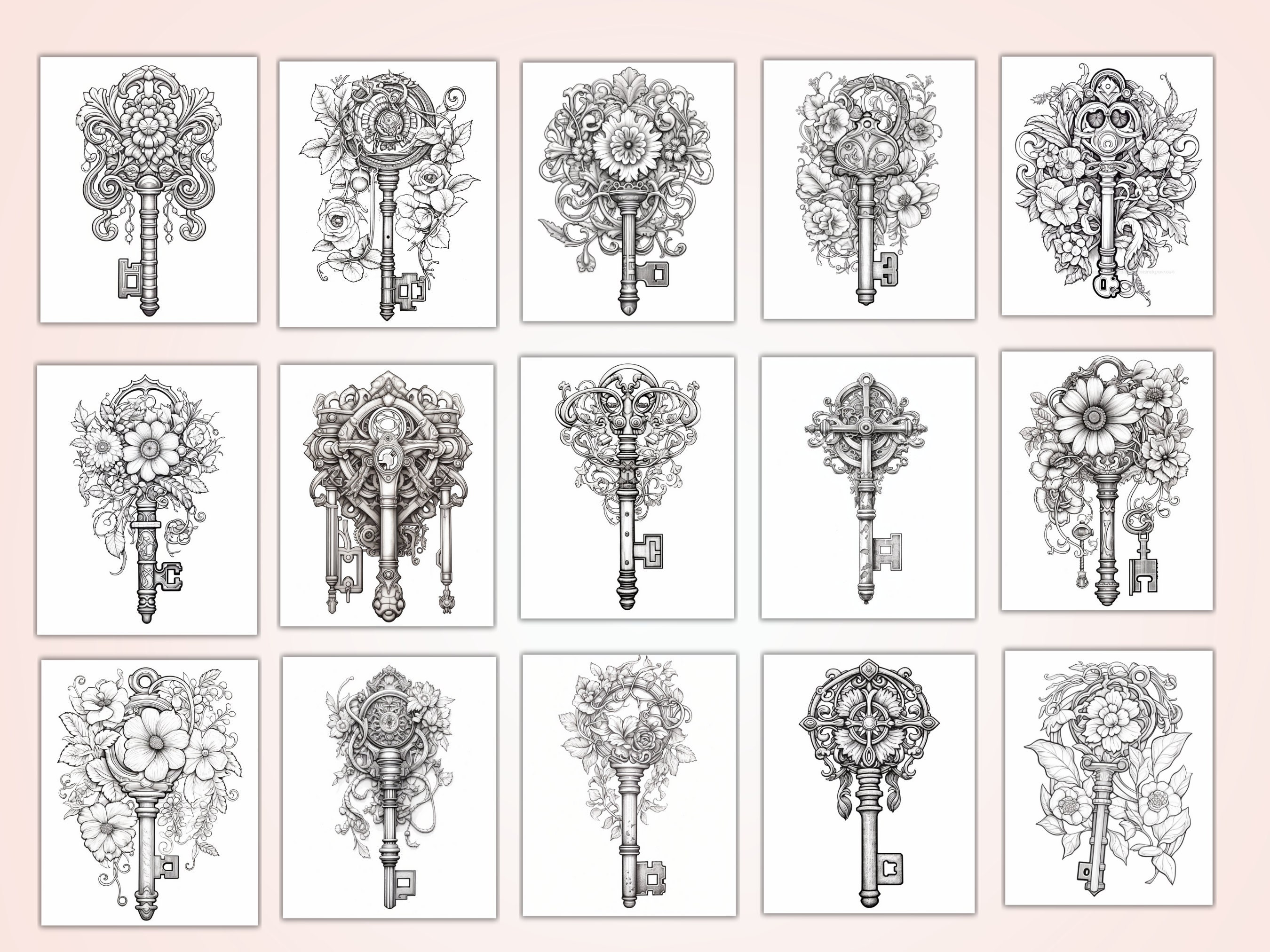 Magical Keys and Floral Coloring Pages Printable, Adult Coloring Book ...