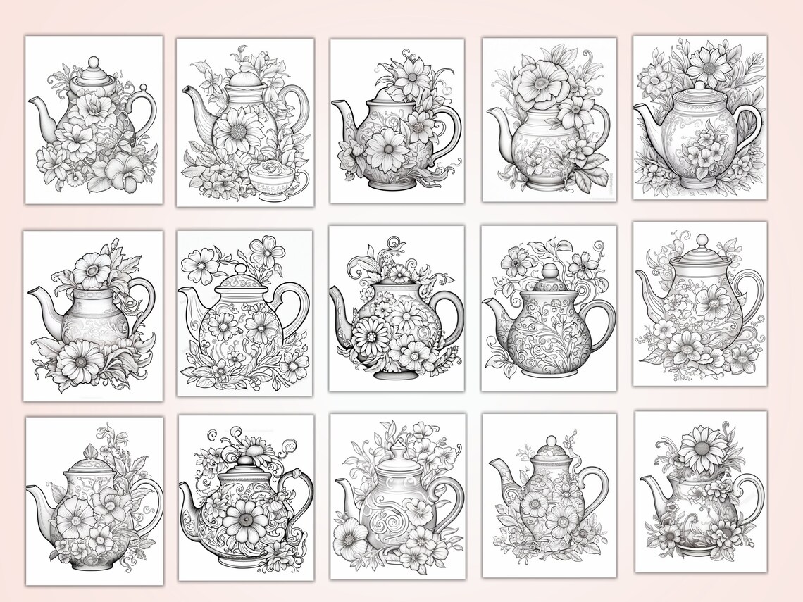 Teapot and Flower Coloring Pages Printable, Adult Coloring Book With ...