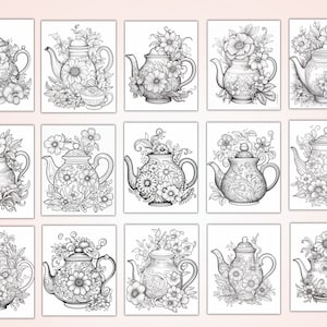 Teapot and Flower Coloring Pages - Printable, Adult Coloring Book With ...