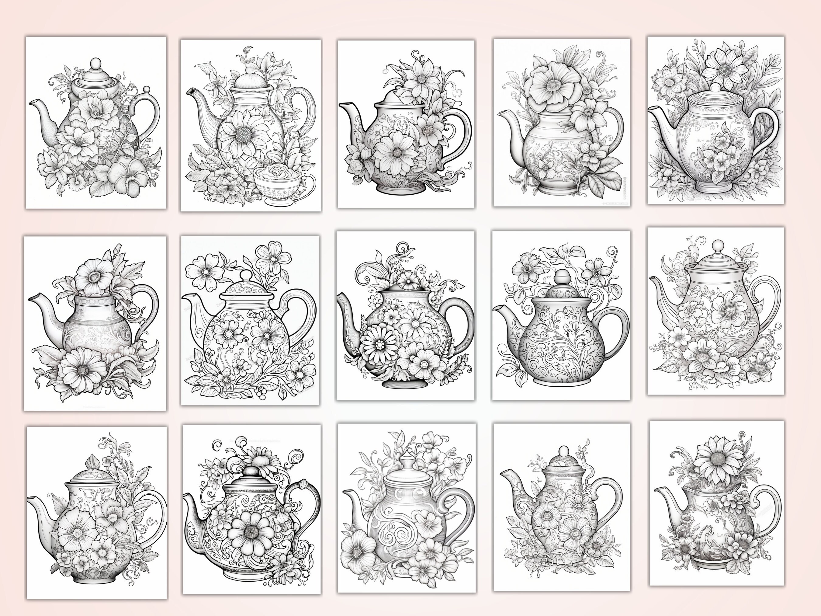 Teapot and Flower Coloring Pages Printable, Adult Coloring Book With ...