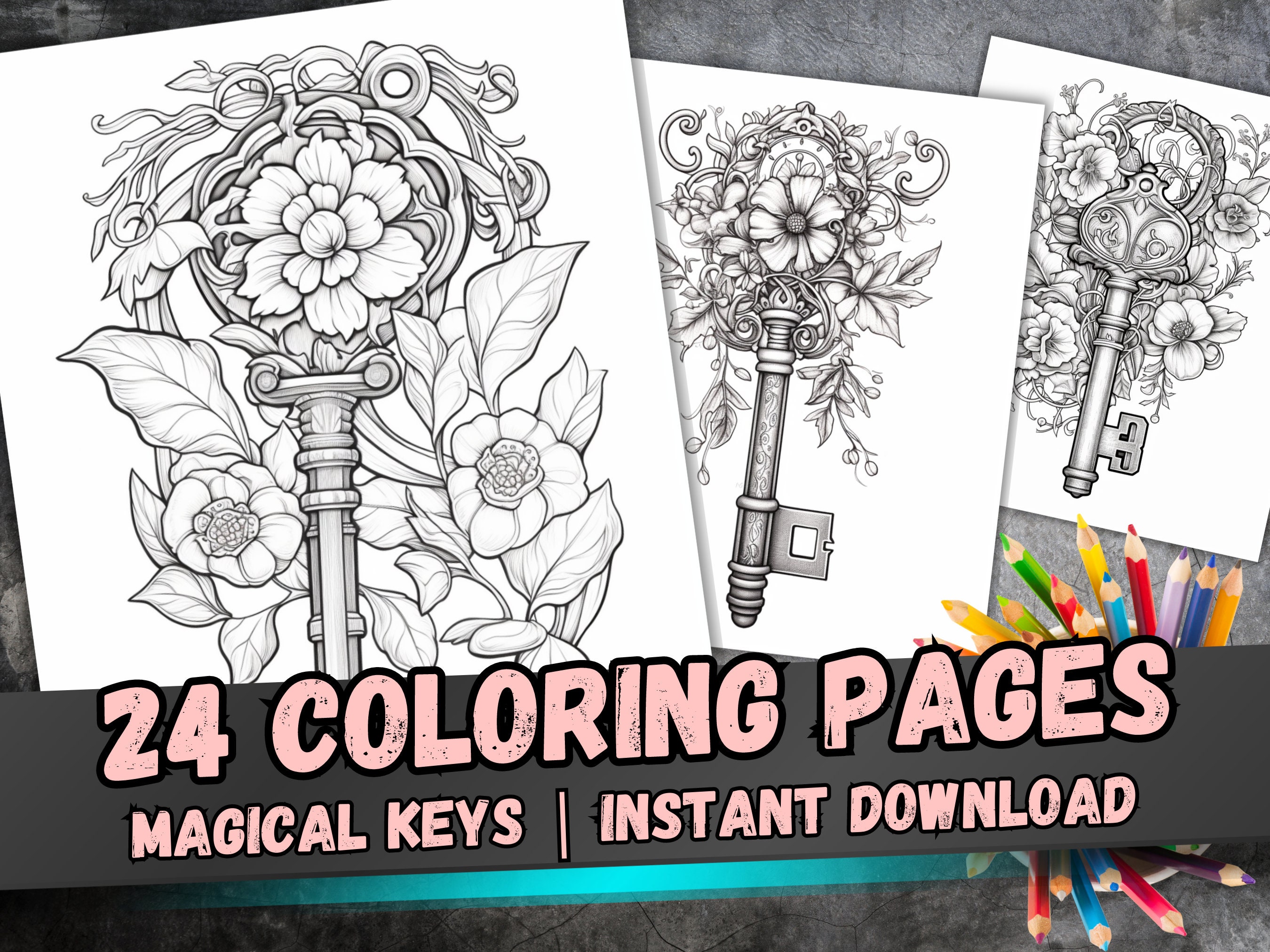 Magical Keys and Floral Coloring Pages Printable, Adult Coloring Book ...