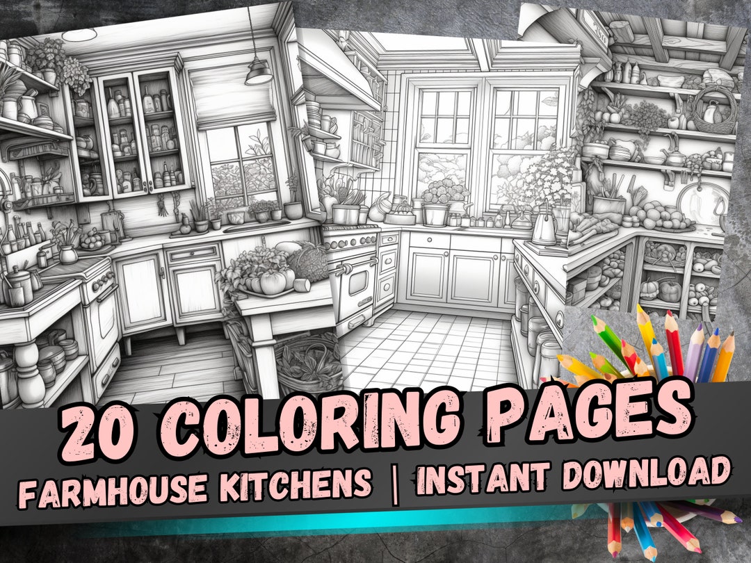 Farmhouse Kitchen Decor Coloring Pages for Adults - Printable Interior ...