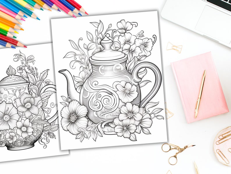 Teapot and Flower Coloring Pages - Printable, Adult Coloring Book With ...