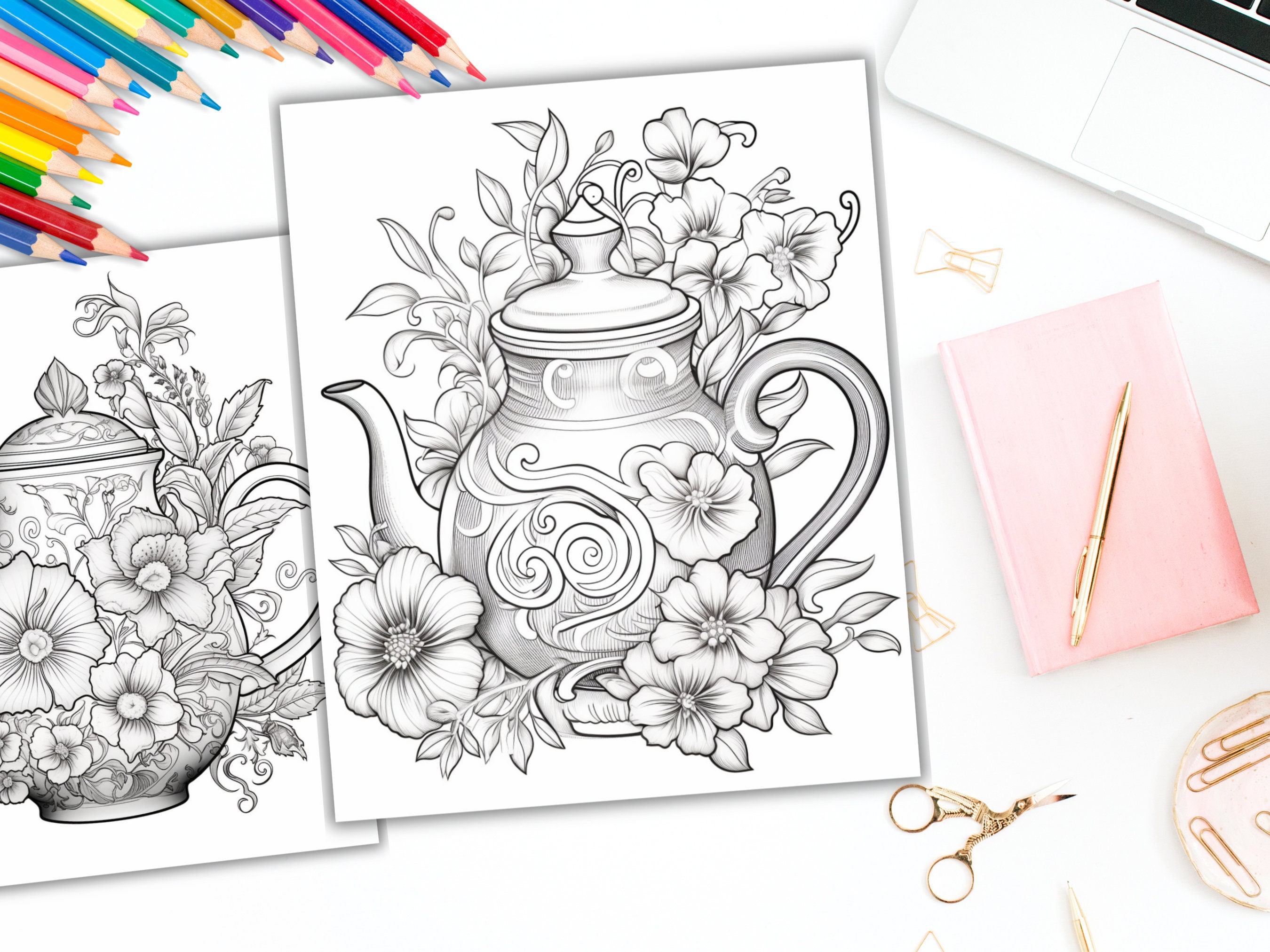 Teapot and Flower Coloring Pages - Printable, Adult Coloring Book With ...