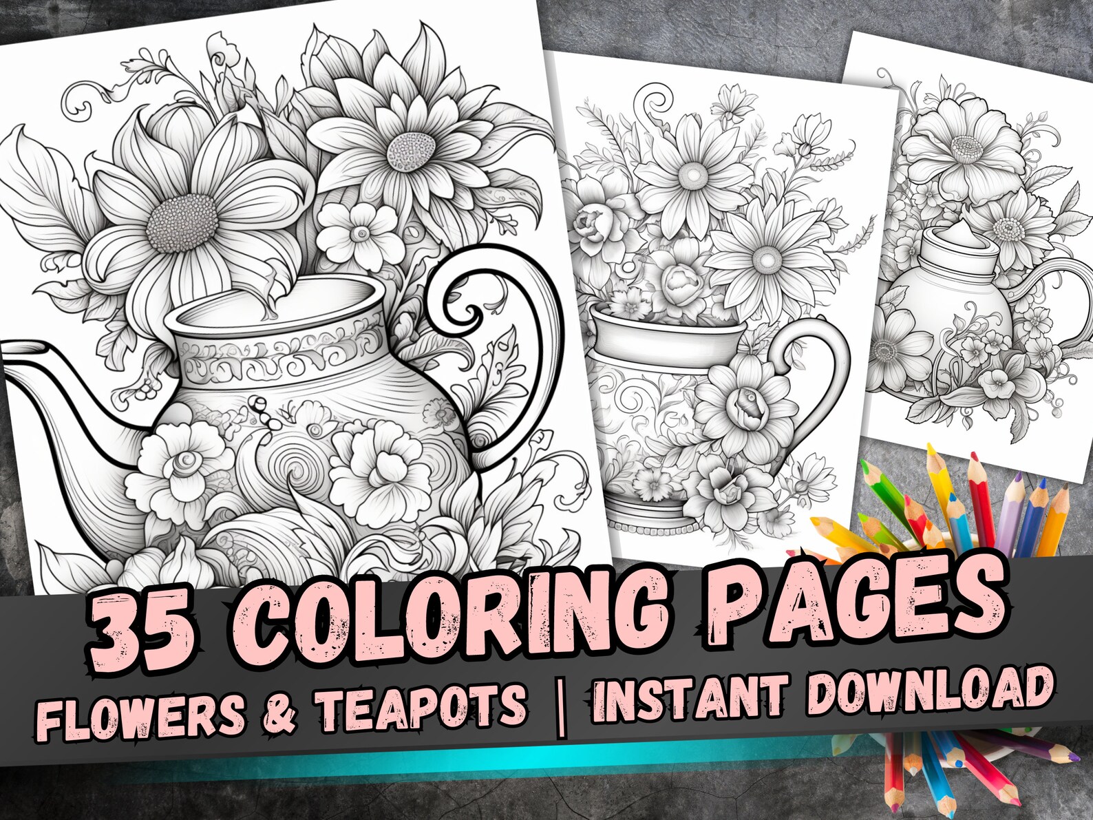 Teapot and Flower Coloring Pages - Printable, Adult Coloring Book With ...