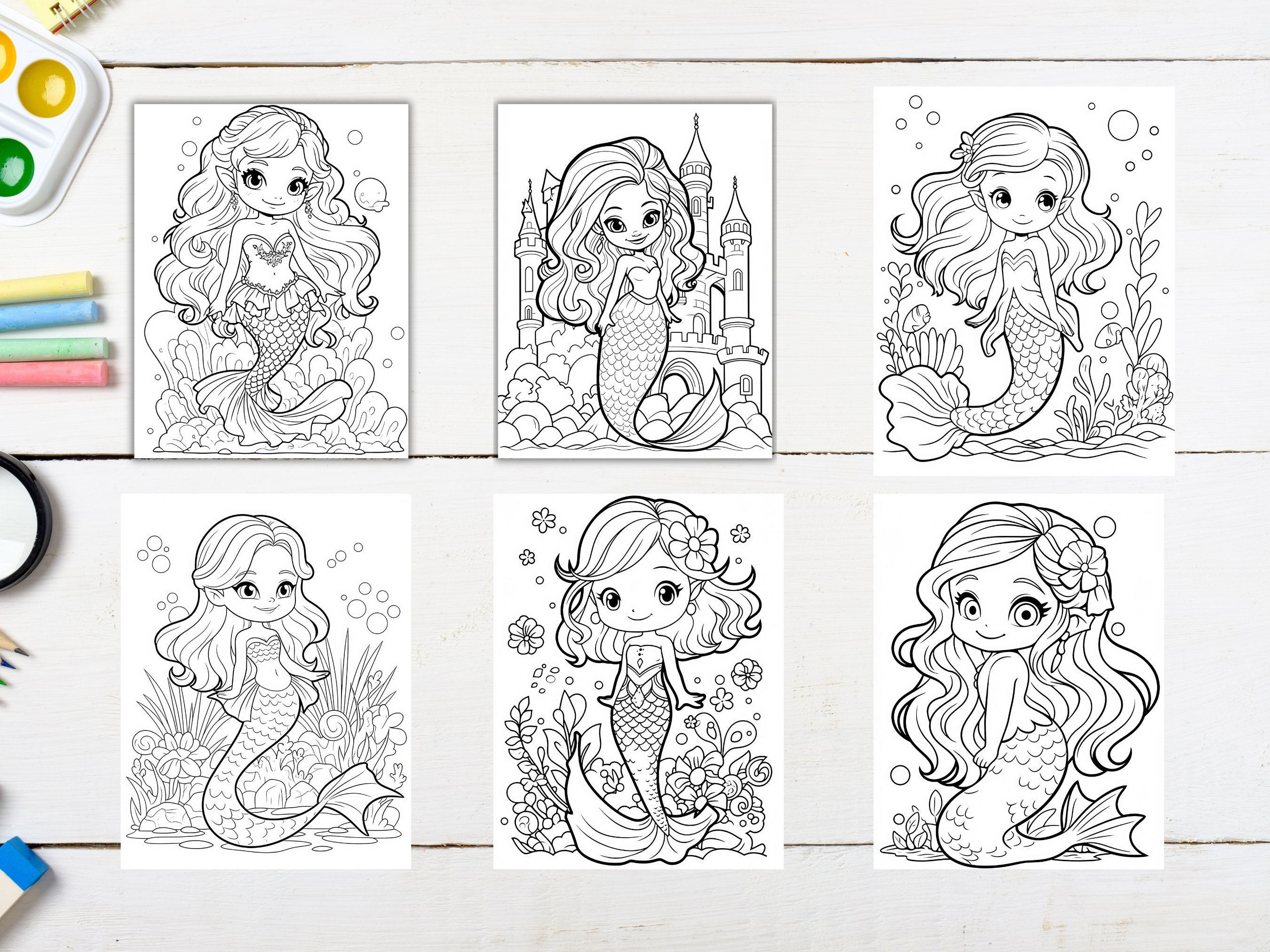 Mermaid Bundle Coloring Pages for Kids Cute Drawings Underwater ...