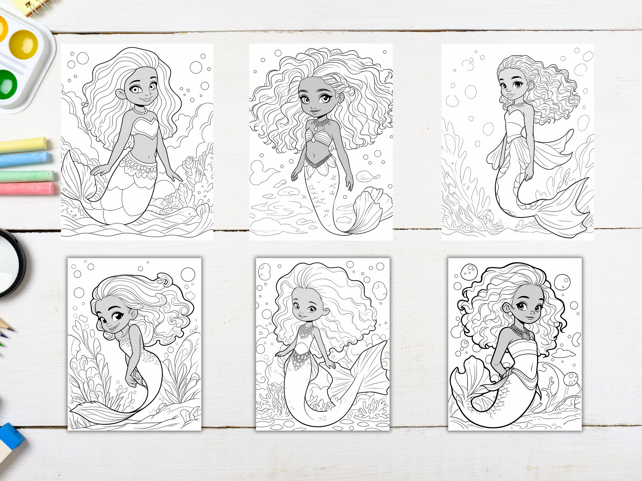 Mermaid Bundle Coloring Pages for Kids Cute Drawings Underwater ...