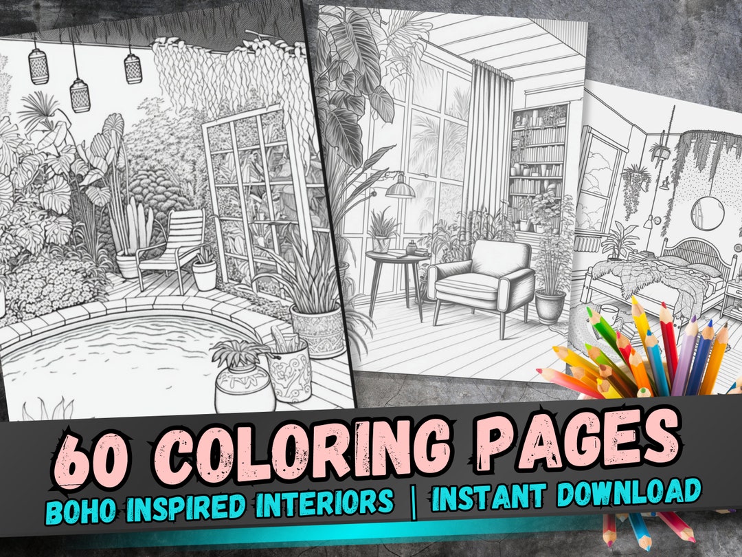 Boho Decor Coloring Pages for Adults - Printable Interior Designs for ...
