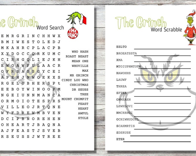 Set of 2 the Grinch Word Games, Word Search and Scrabble, Printable ...
