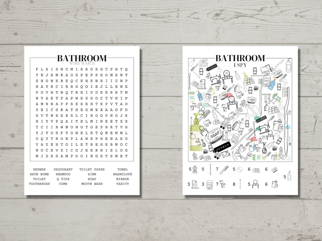 Set of 2- Bathroom Word Search, Bathroom I Spy, Printable Word Search ...