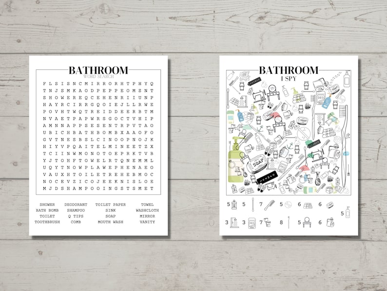 Set of 2- Bathroom Word Search, Bathroom I Spy, Printable Word Search ...