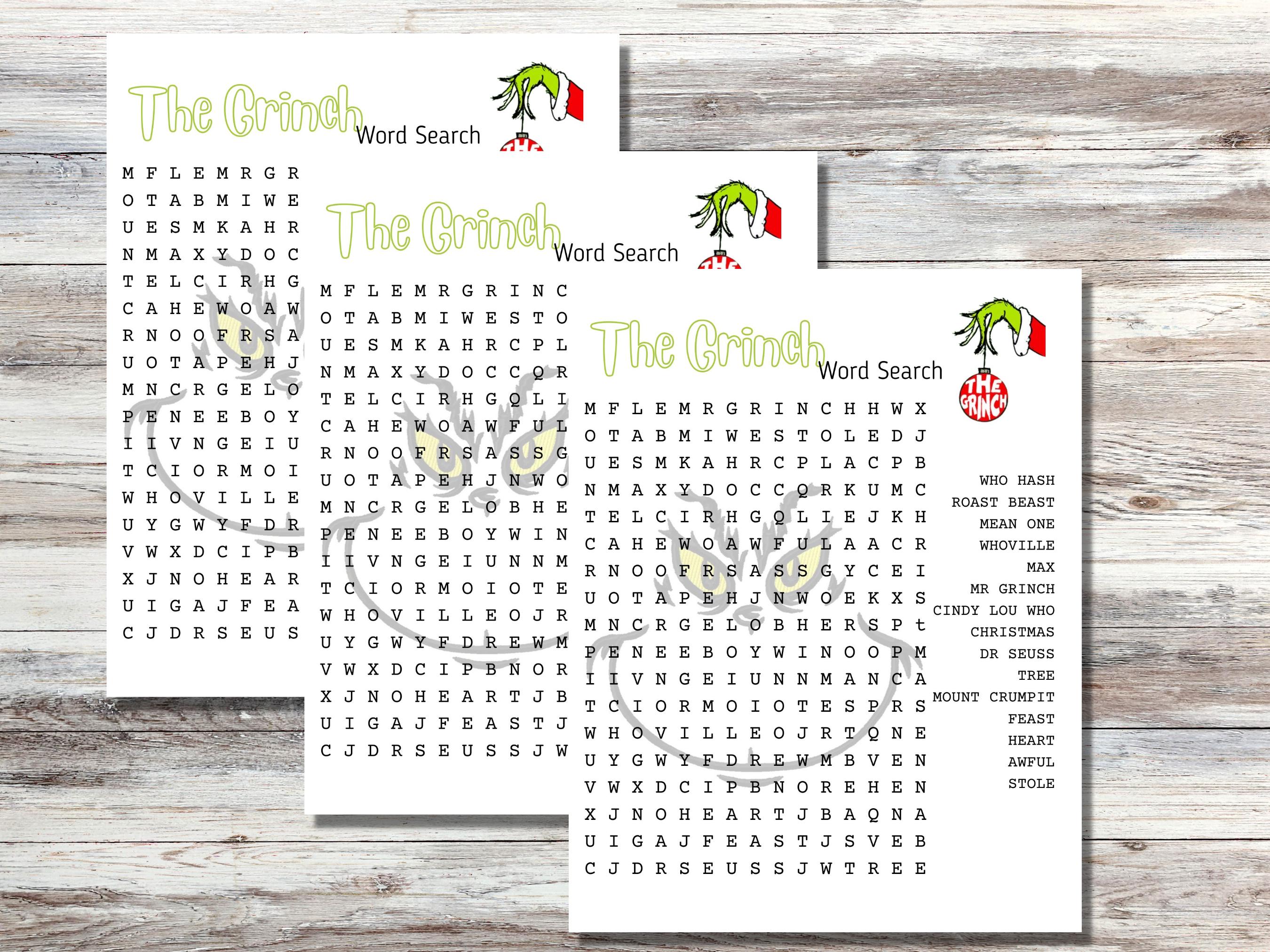 Set of 2 the Grinch Word Games, Word Search and Scrabble, Printable ...