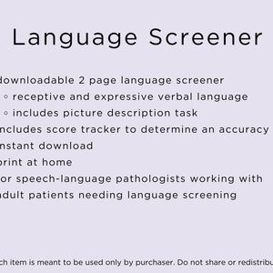 SLP Language Screener, Medical SLP, CVA, Downloadable Language Screener ...