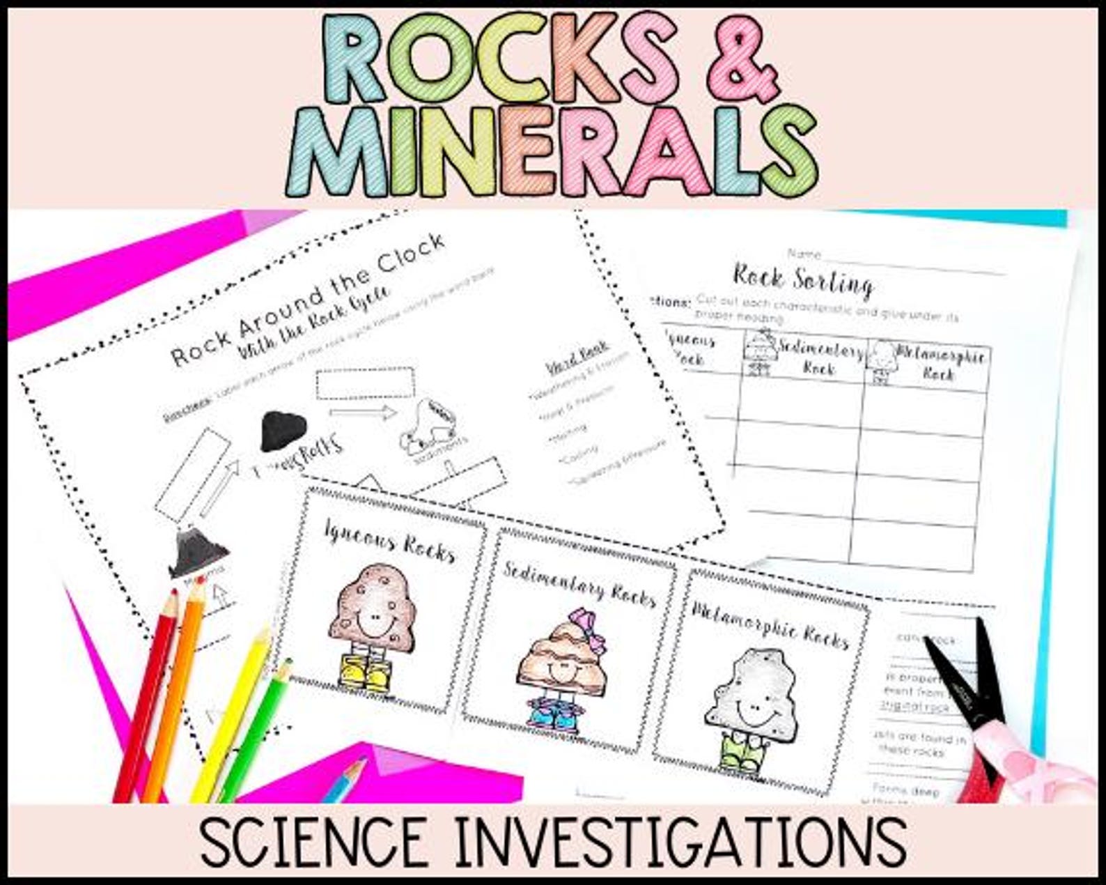 Rocks and Minerals Unit Types of Rocks & Rock Cycle Worksheets and ...