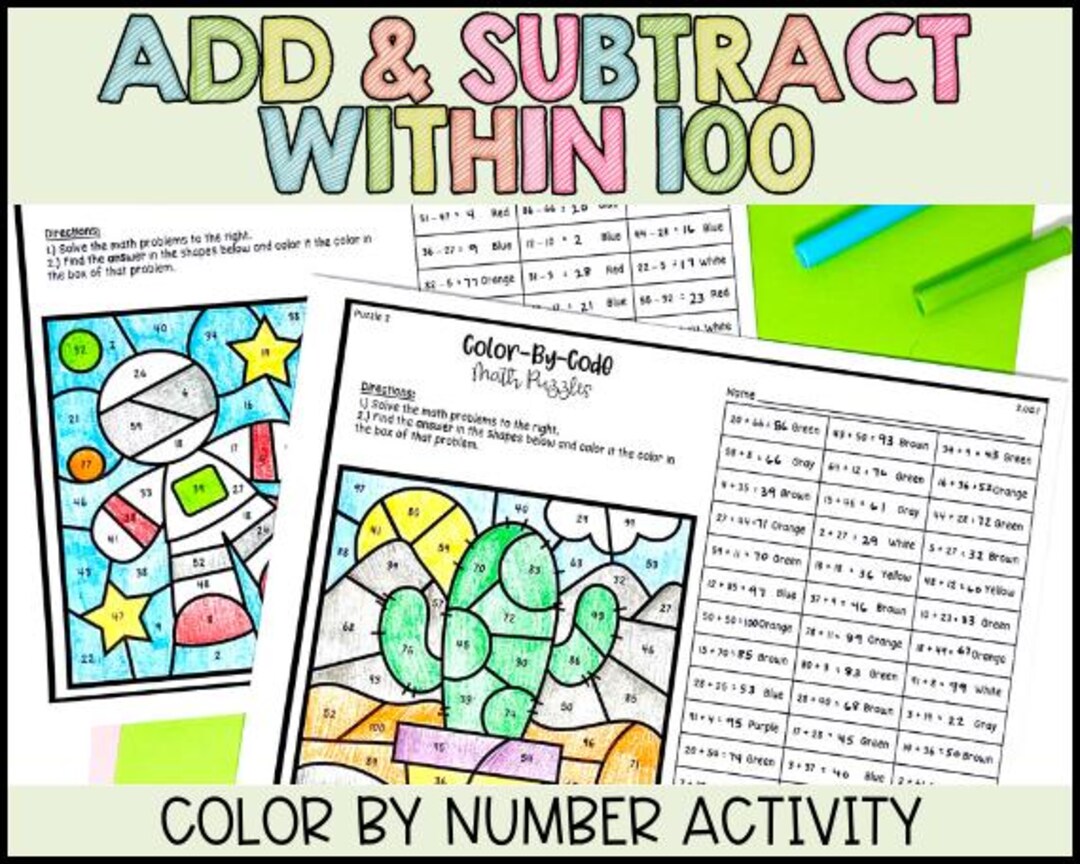 Add and Subtract Within 100 Color by Number - Etsy