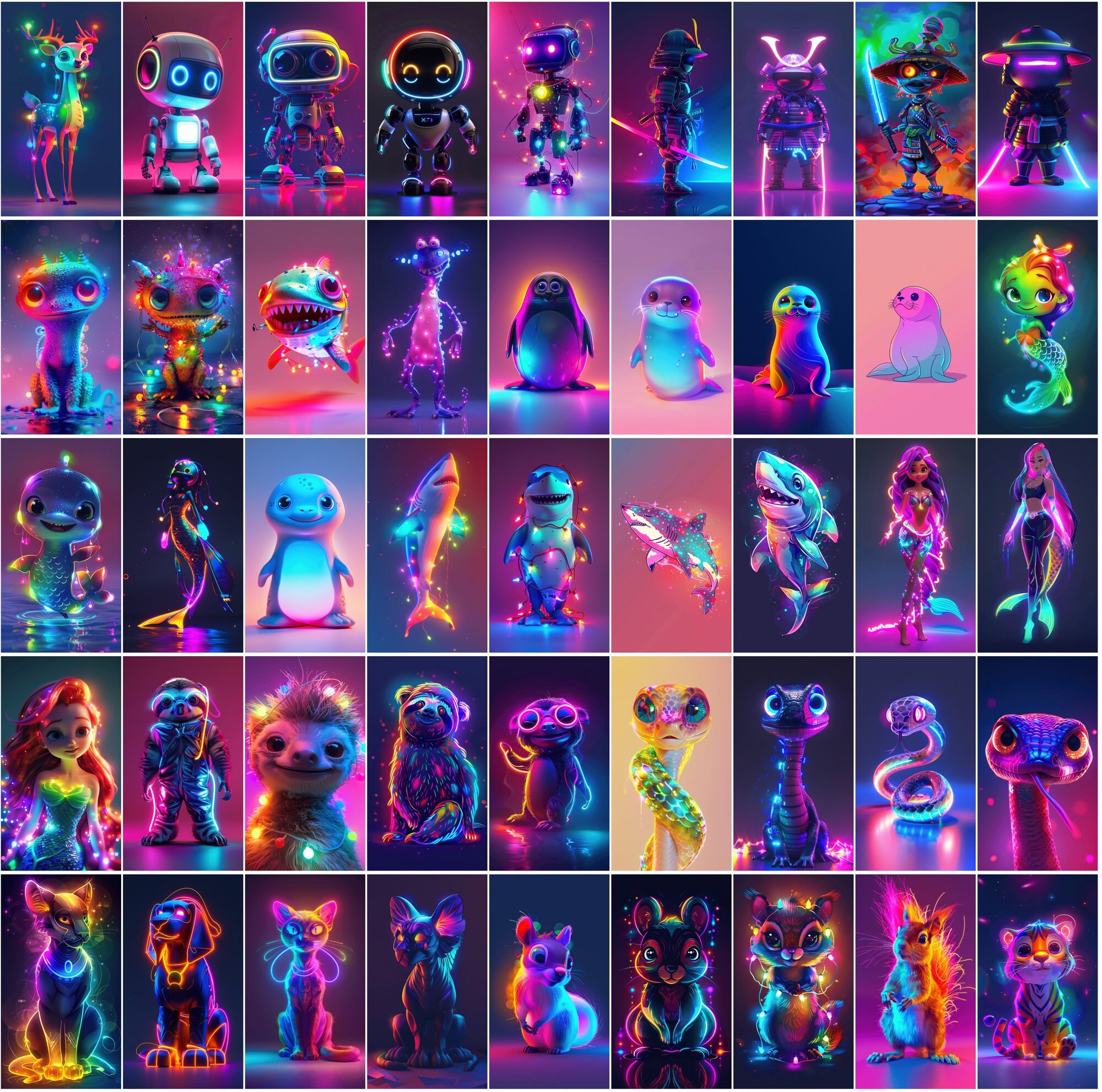 Neon Characters and Animals Collection 400 Colorful JPG Images With ...