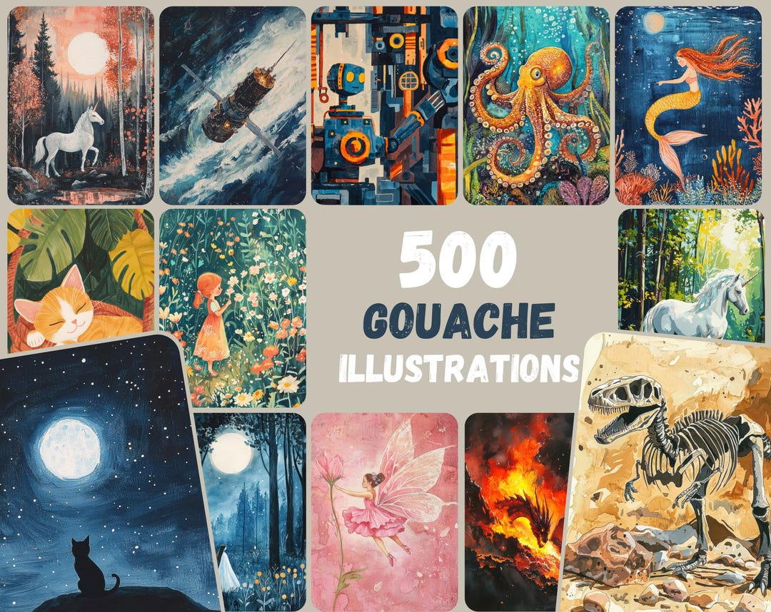 500 Unique Gouache Illustrations for Commercial Use - Etsy