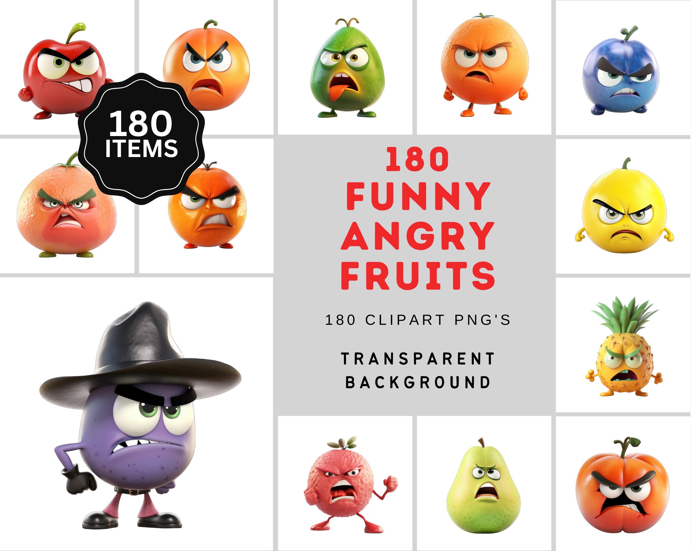 Angry Fruits Bundle 180 Transparent PNG Images for Digital Design, Clip ...