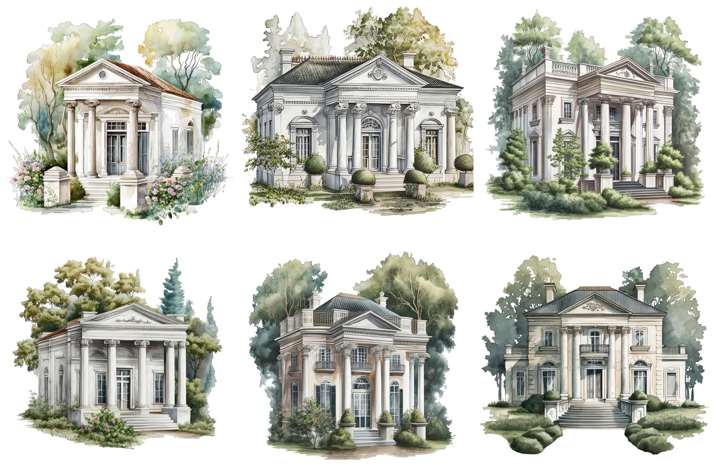 Neoclassical Cottage Houses Clipart: 63 PNG Images (commercial Use) - Etsy