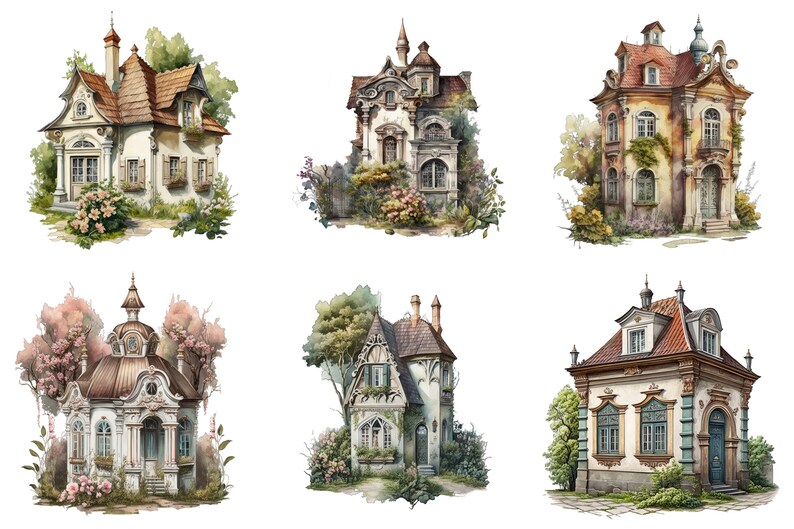 Elegant Baroque Cottage Watercolor Set - 65 Transparent Images for Your ...