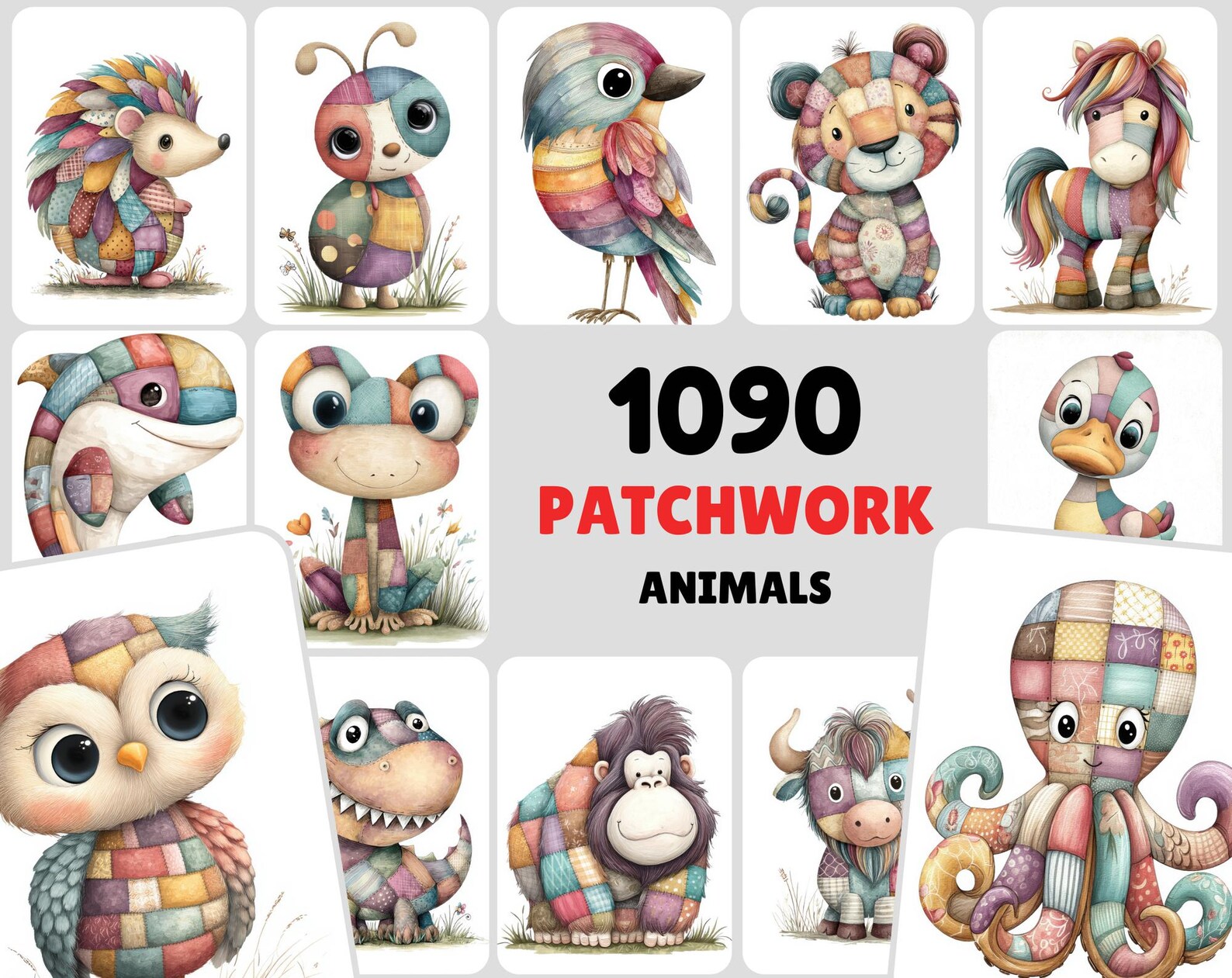 Patchwork Animal Clipart Bundle: Kids Book Style Illustrations (JPG) - Etsy