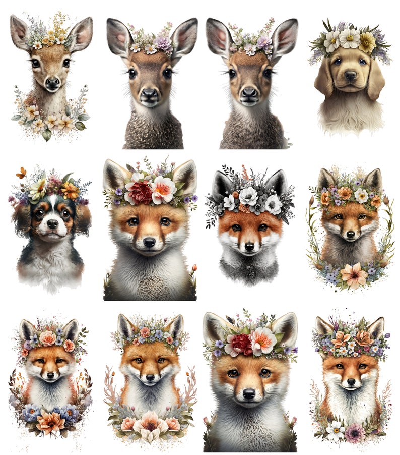 Floral-crowned Animals. Baby Room Wall Art. Transparent PNG - Etsy