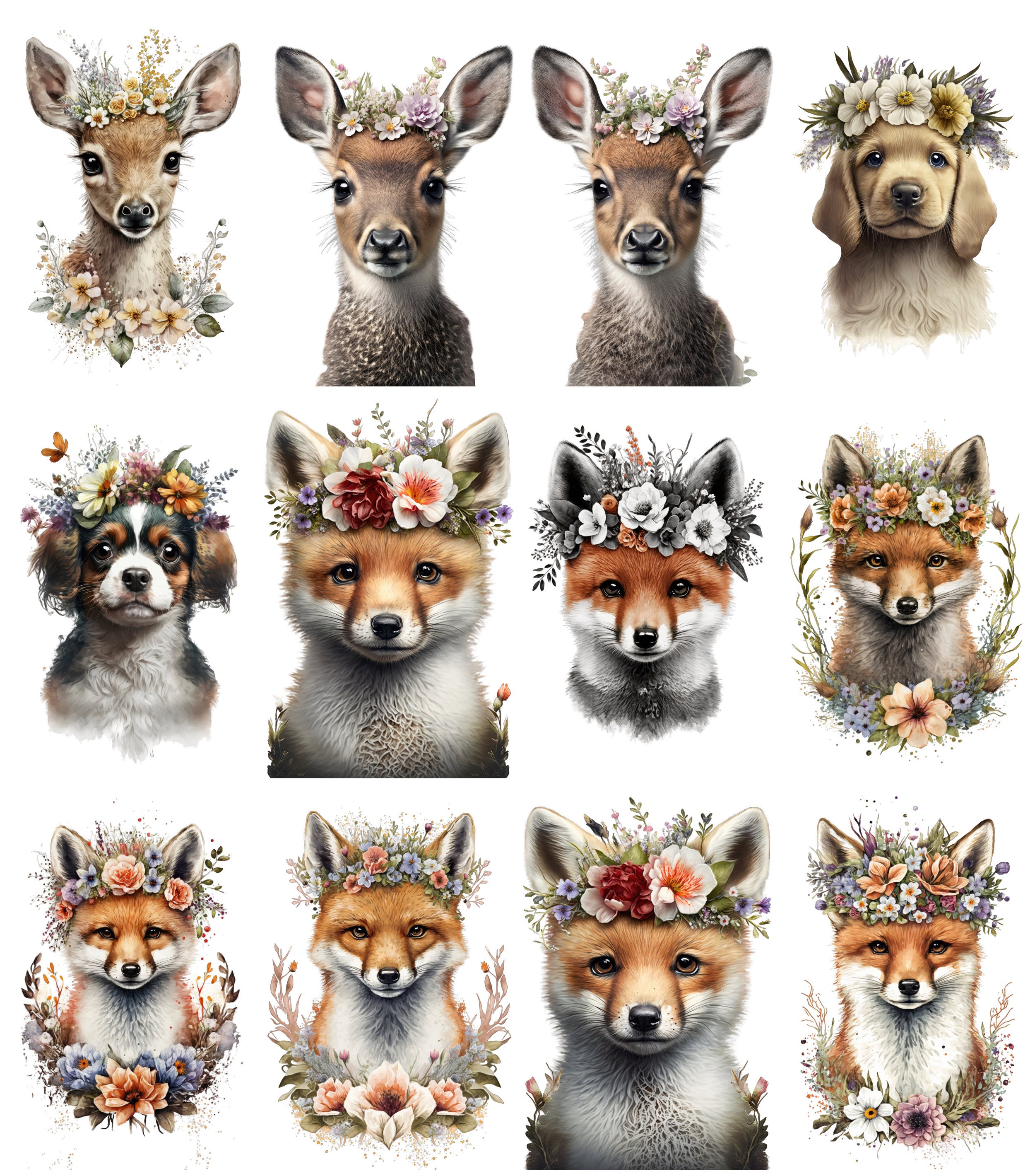 Floral-crowned Animals. Baby Room Wall Art. Transparent PNG - Etsy