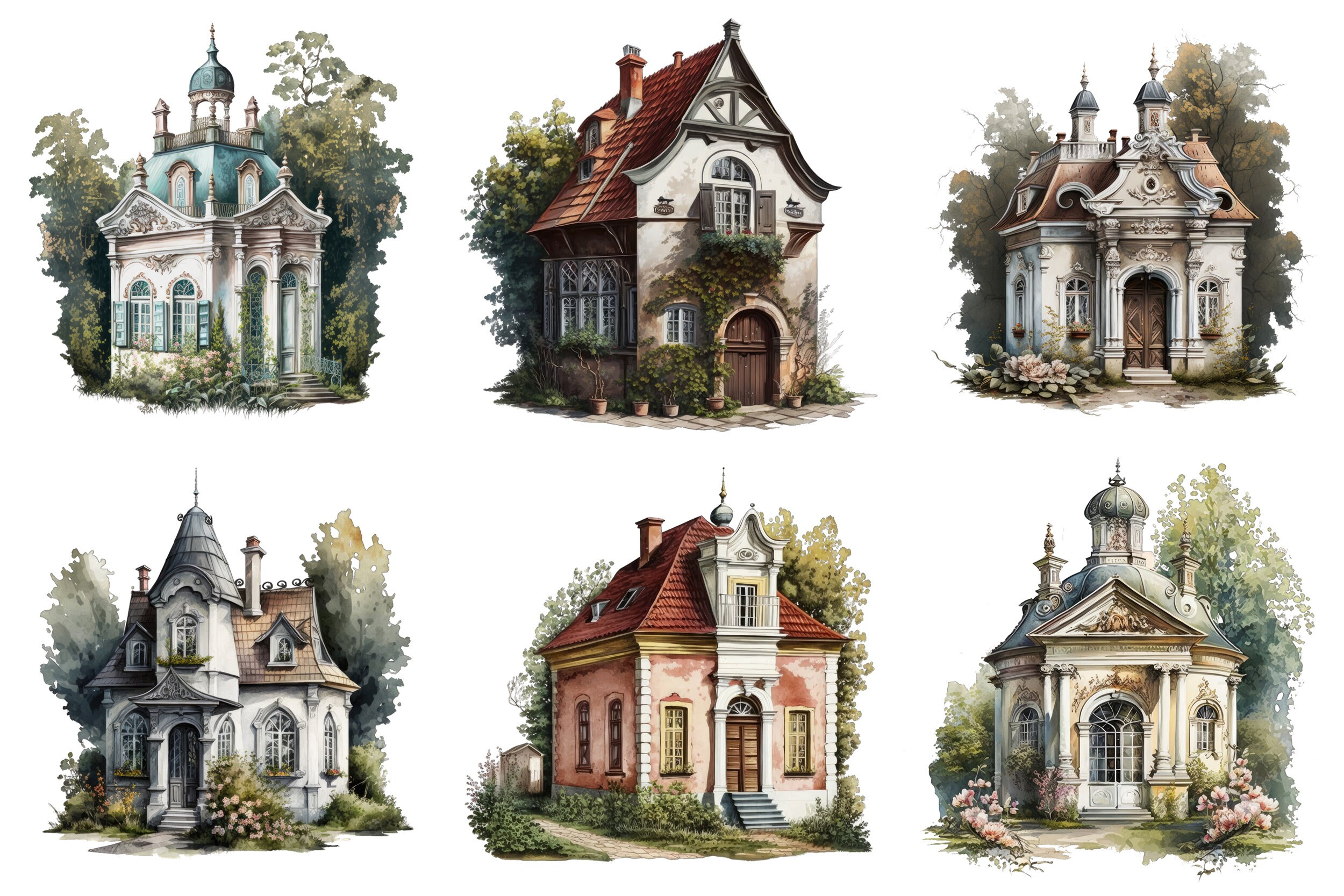 Elegant Baroque Cottage Watercolor Set - 65 Transparent Images for Your ...