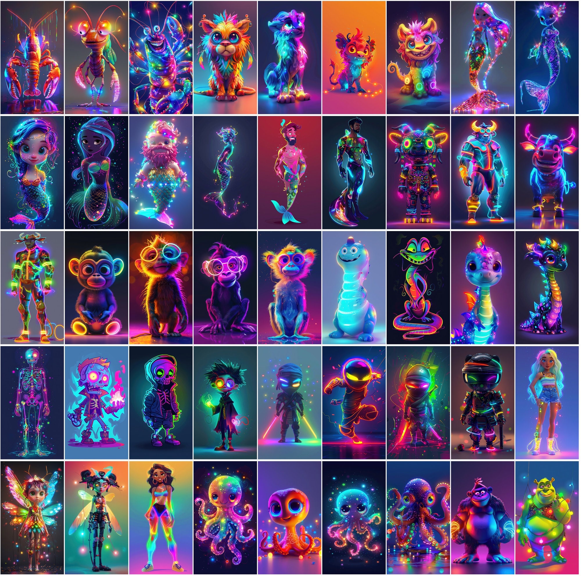 Neon Characters and Animals Collection 400 Colorful JPG Images With ...