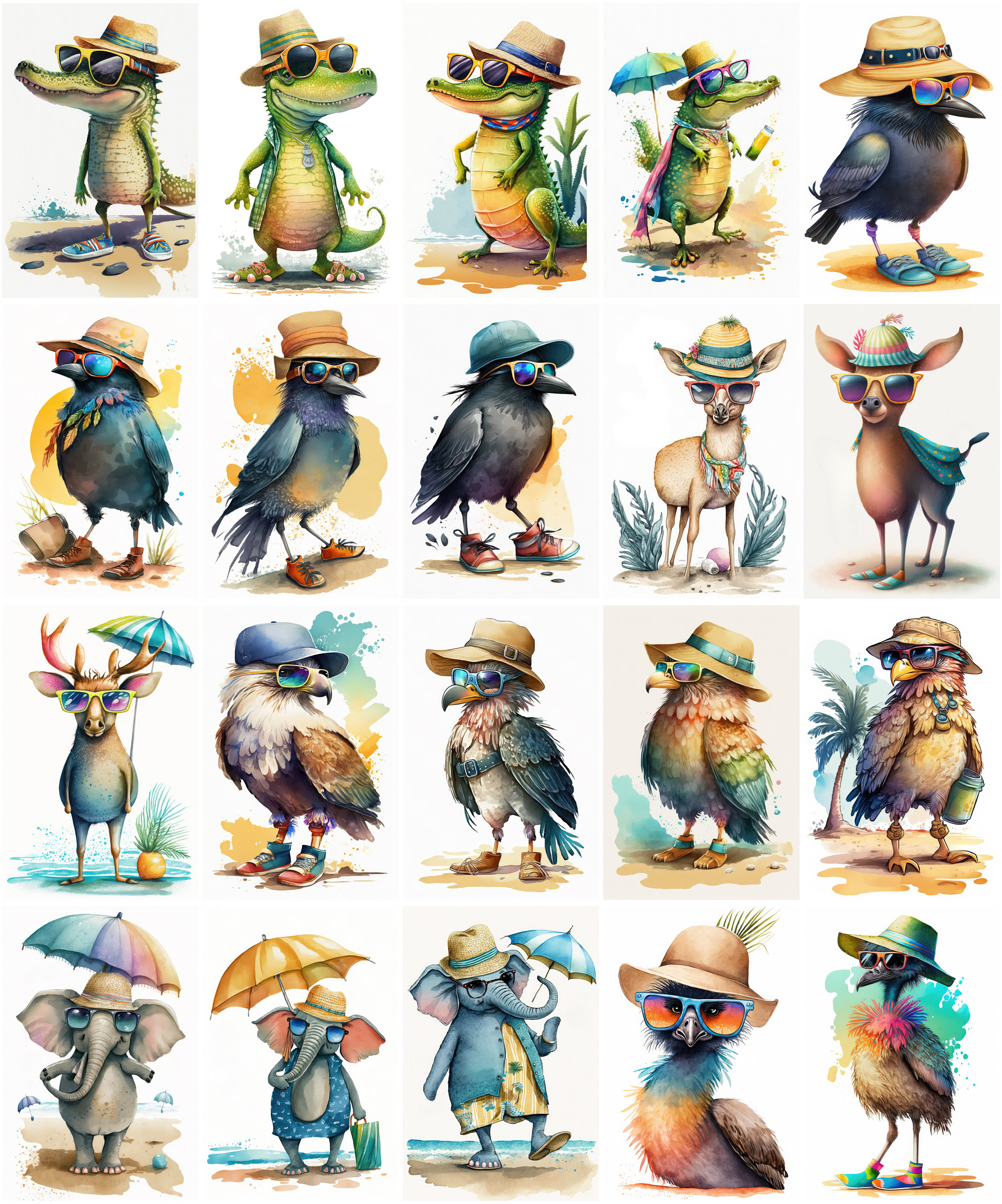 Whimsical Summer Animals Clipart Bundle - 120 Cute Animal Images With Sunglasses & Beach Outfits ...