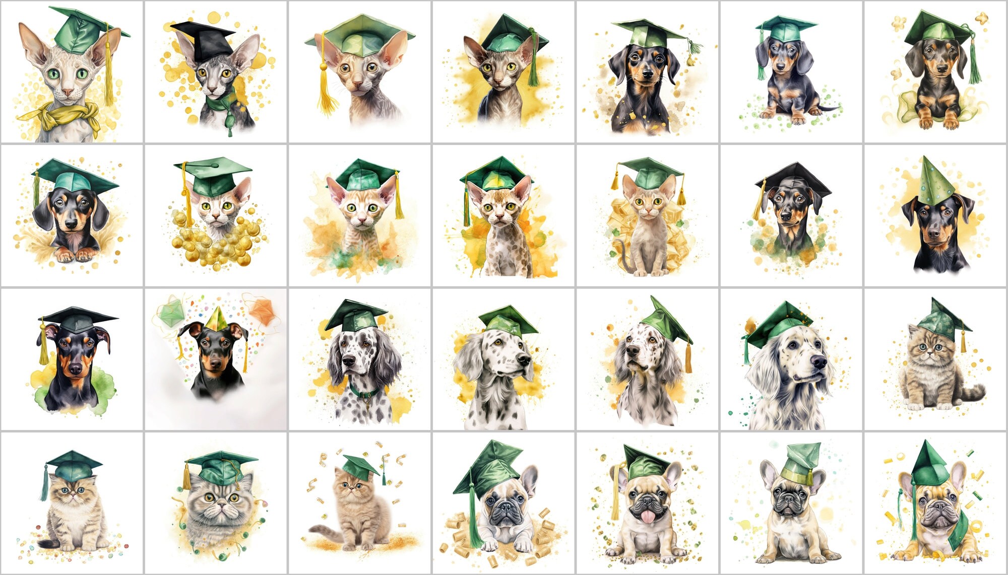 Watercolour Graduation Dogs and Cats Illustrations - Etsy