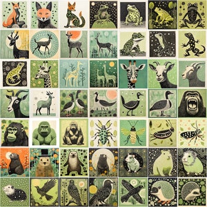 550 Stylized Animal Portraits, Green-themed Colorful Digital Artwork ...