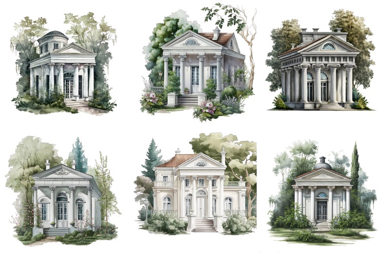 Neoclassical Cottage Houses Clipart: 63 PNG Images (commercial Use) - Etsy