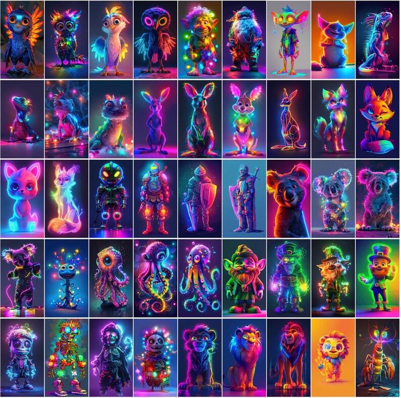 Neon Characters and Animals Collection 400 Colorful JPG Images With ...