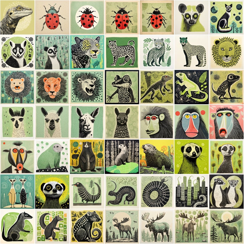 550 Stylized Animal Portraits, Green-themed Colorful Digital Artwork ...