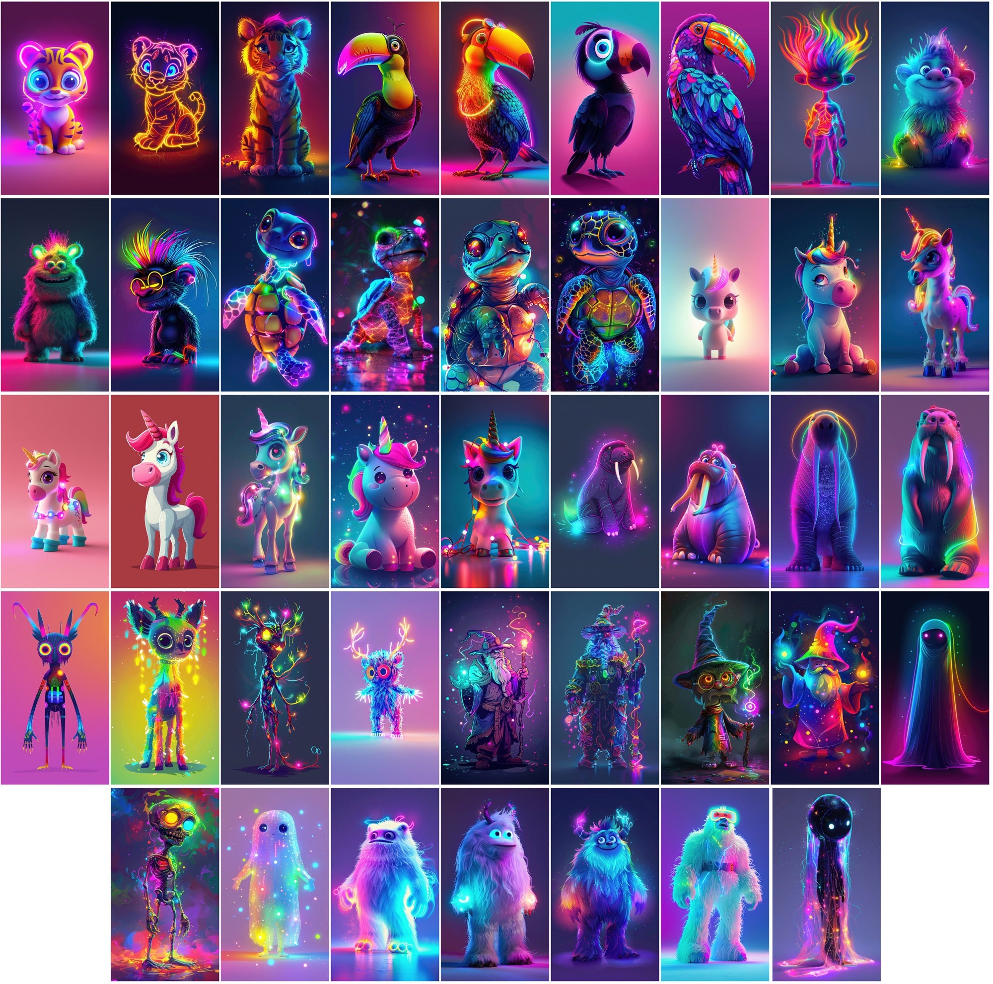 Neon Characters and Animals Collection 400 Colorful JPG Images With ...