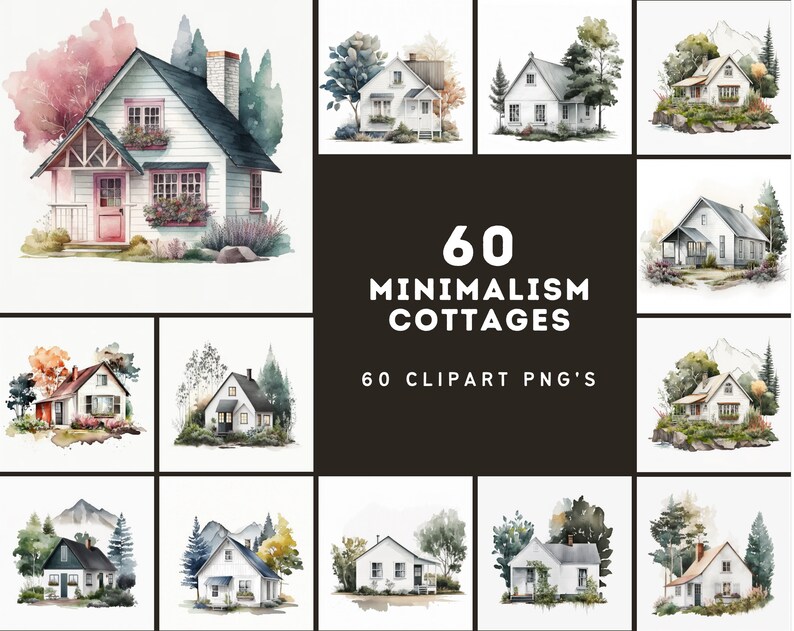 Watercolor Cottage Bundle: 60 Minimalist Cottage Images for Rustic Home ...
