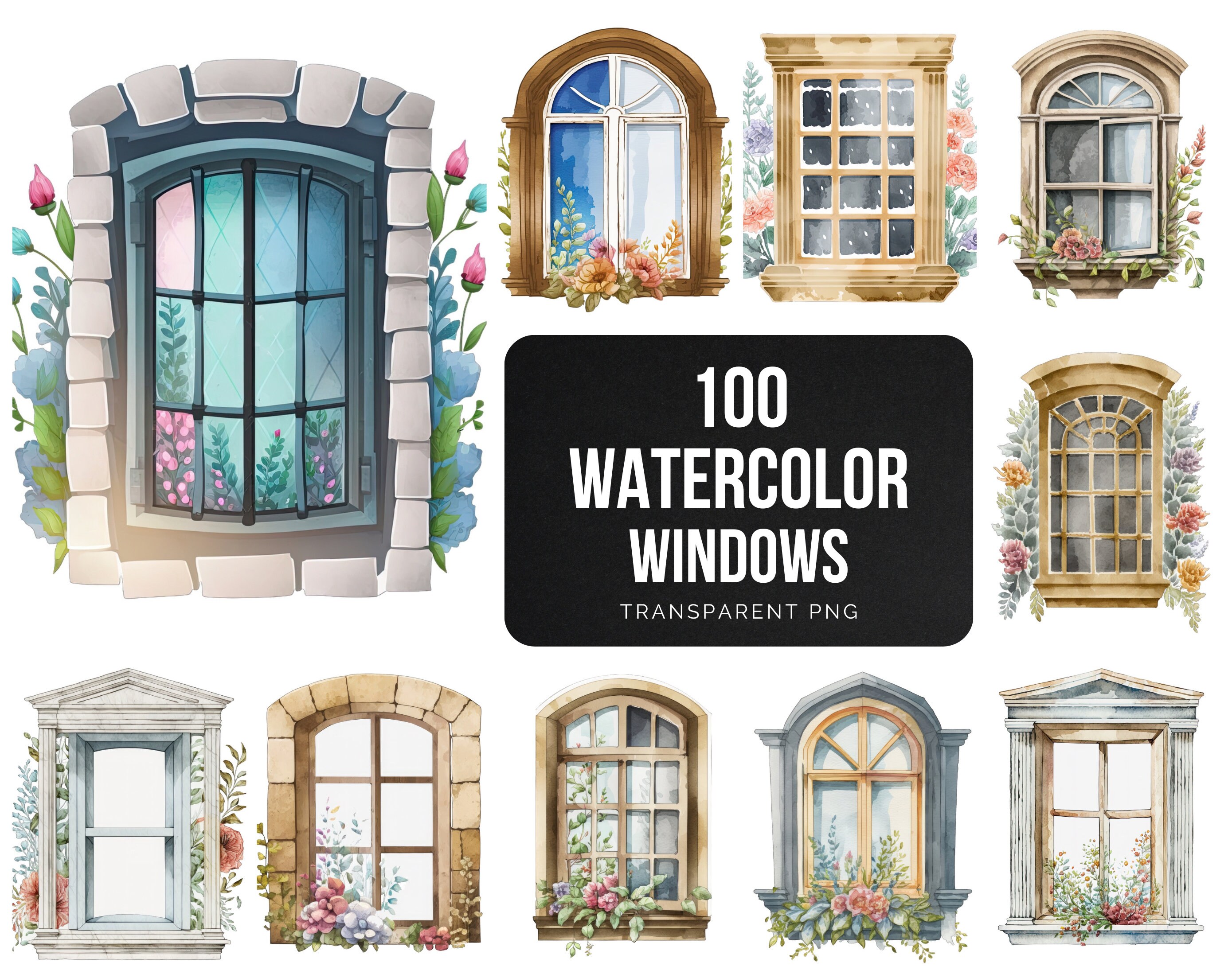 Watercolor Windows Clipart Windows With Flowers PNG Format Instant ...