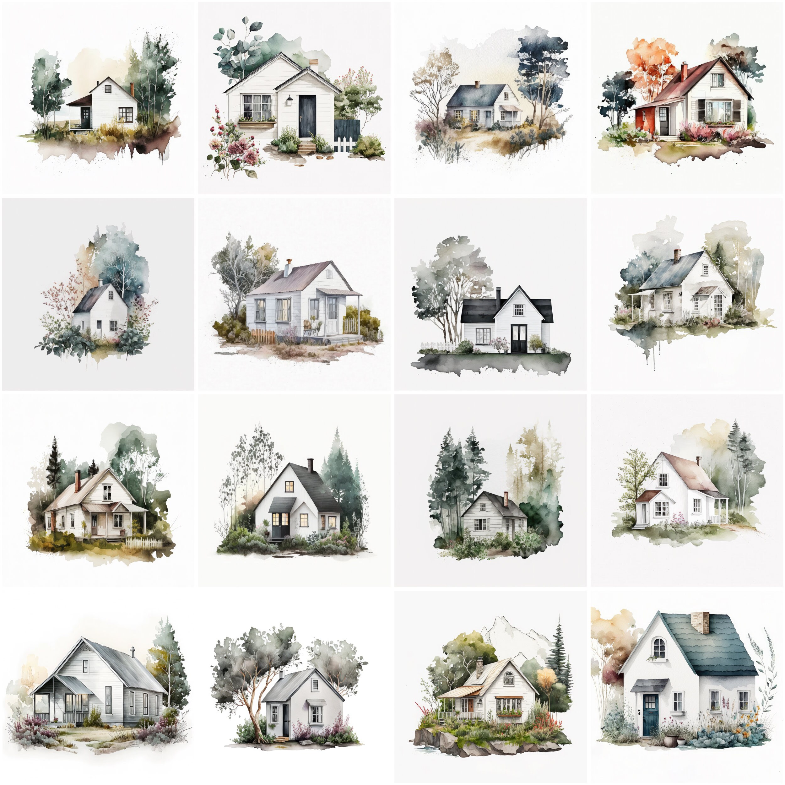 Watercolor Cottage Bundle: 60 Minimalist Cottage Images for Rustic Home ...