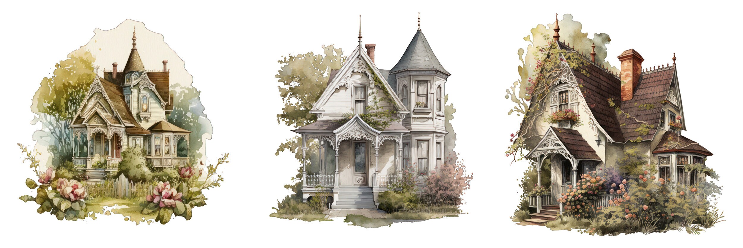 Vintage Victorian Cottage House Illustrations 50 Transparent - Etsy