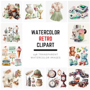 198 Retro Watercolor Clipart Images: Vintage PNG Bundle - Etsy