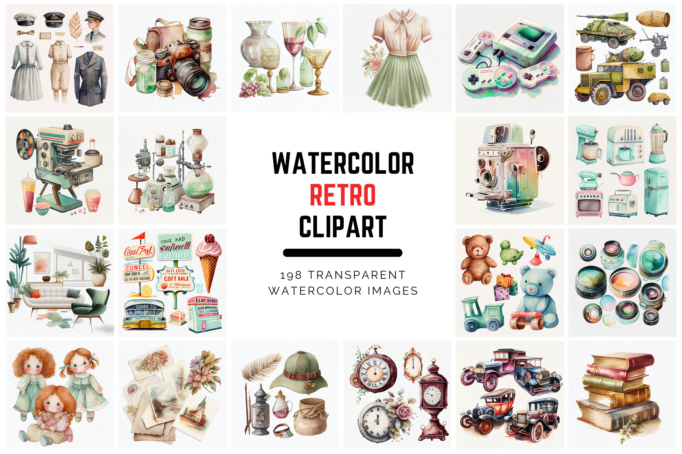 198 Retro Watercolor Clipart Images: Vintage PNG Bundle - Etsy
