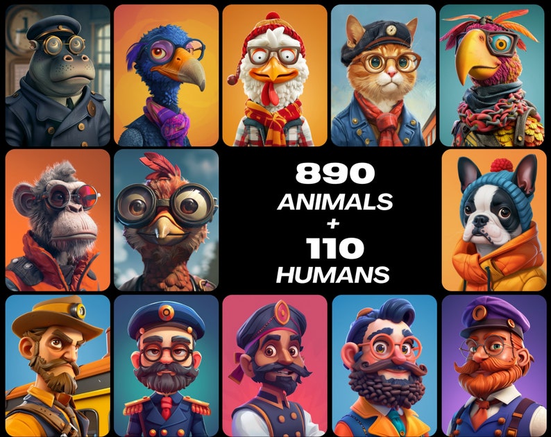 890 Colorful Cartoon Animals and 110 People Images - Etsy