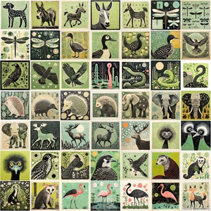 550 Stylized Animal Portraits, Green-themed Colorful Digital Artwork ...