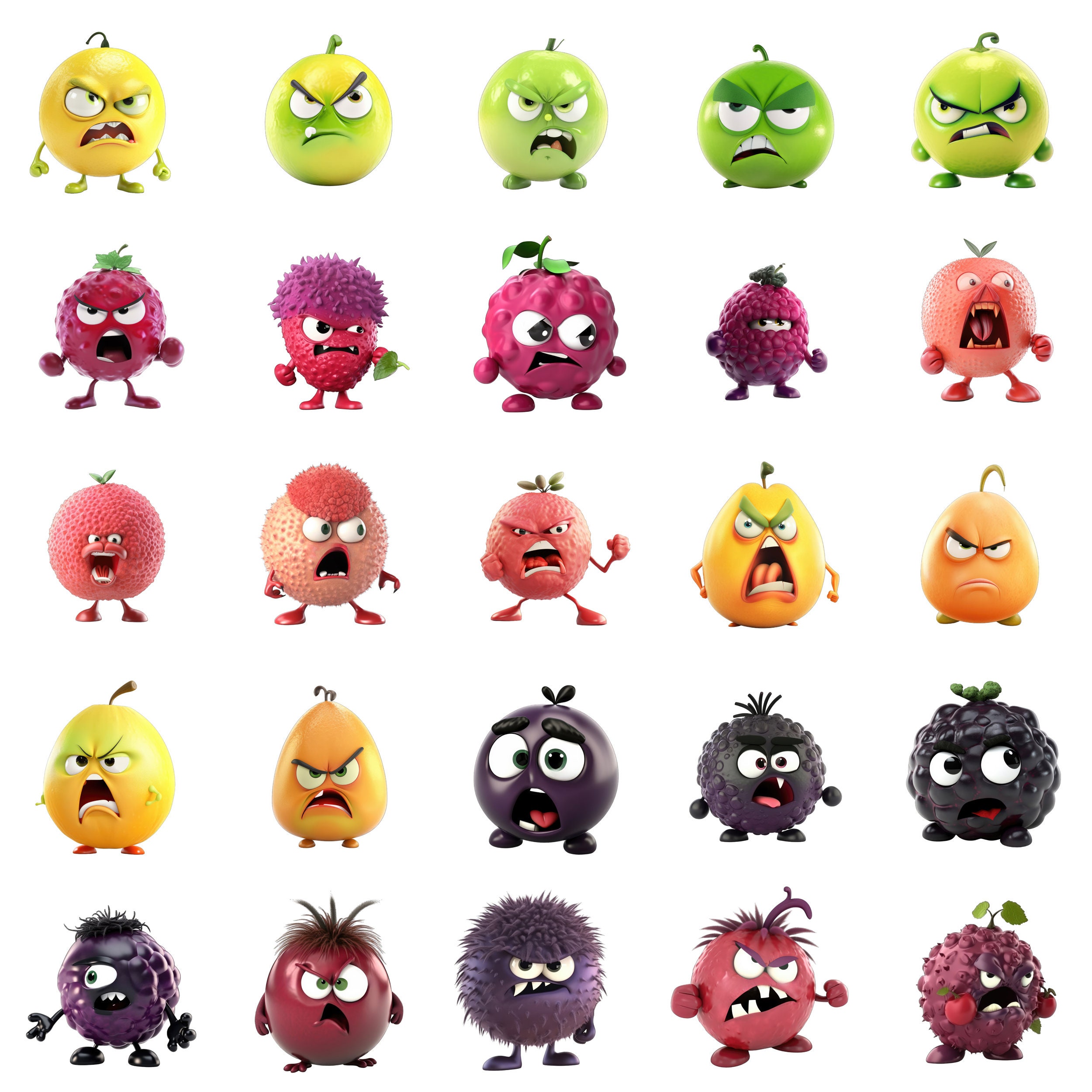 Angry Fruits Bundle 180 Transparent PNG Images for Digital Design, Clip Art, Stickers ...