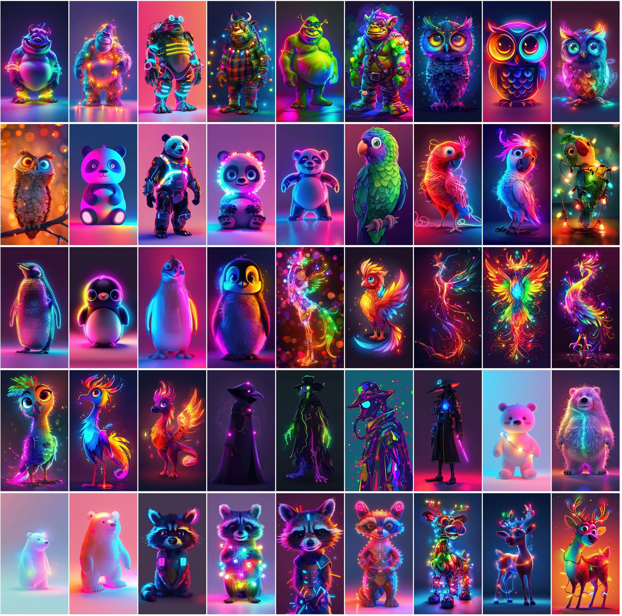 Neon Characters and Animals Collection 400 Colorful JPG Images With ...
