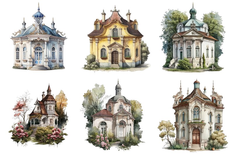 Elegant Baroque Cottage Watercolor Set - 65 Transparent Images for Your ...