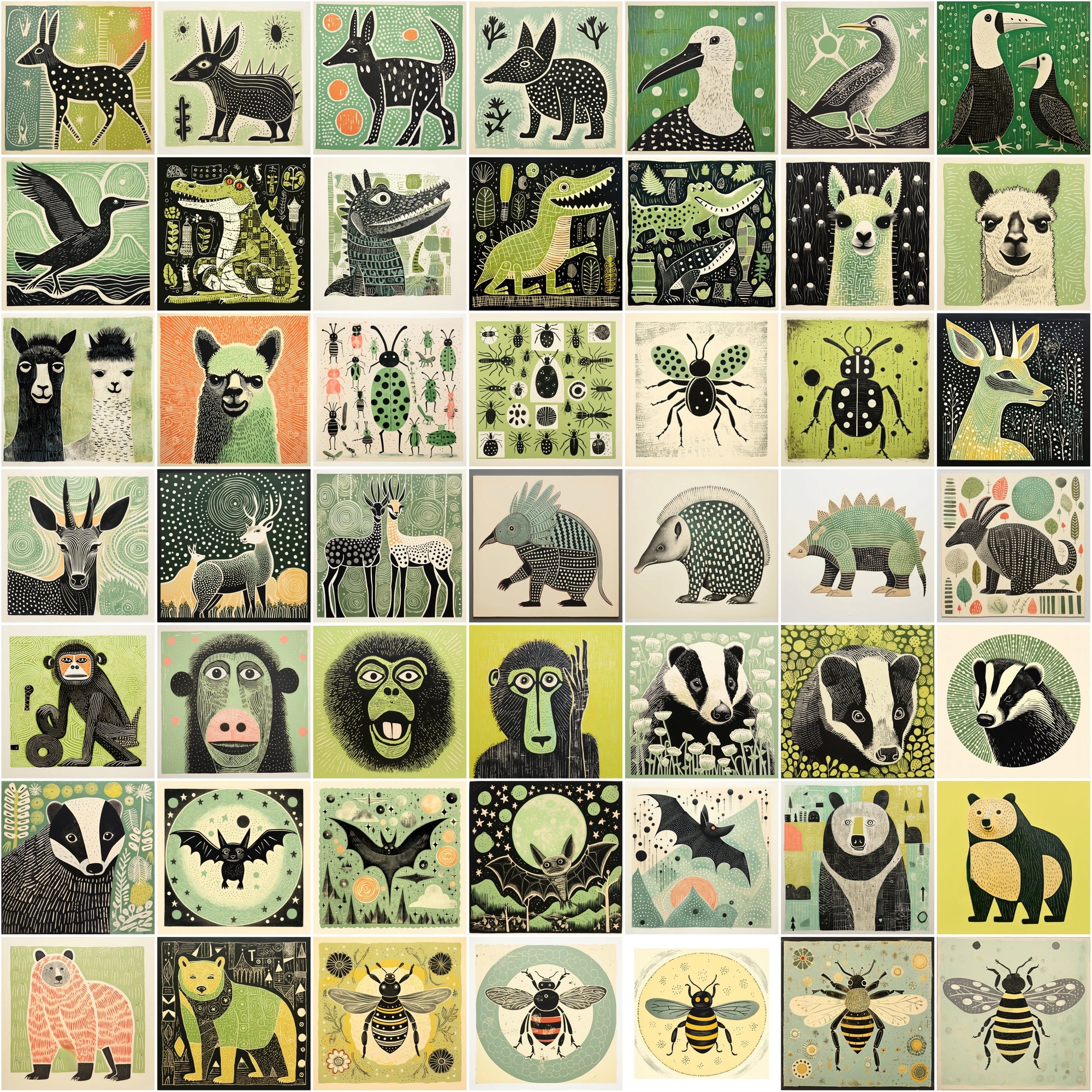 550 Stylized Animal Portraits, Green-themed Colorful Digital Artwork ...